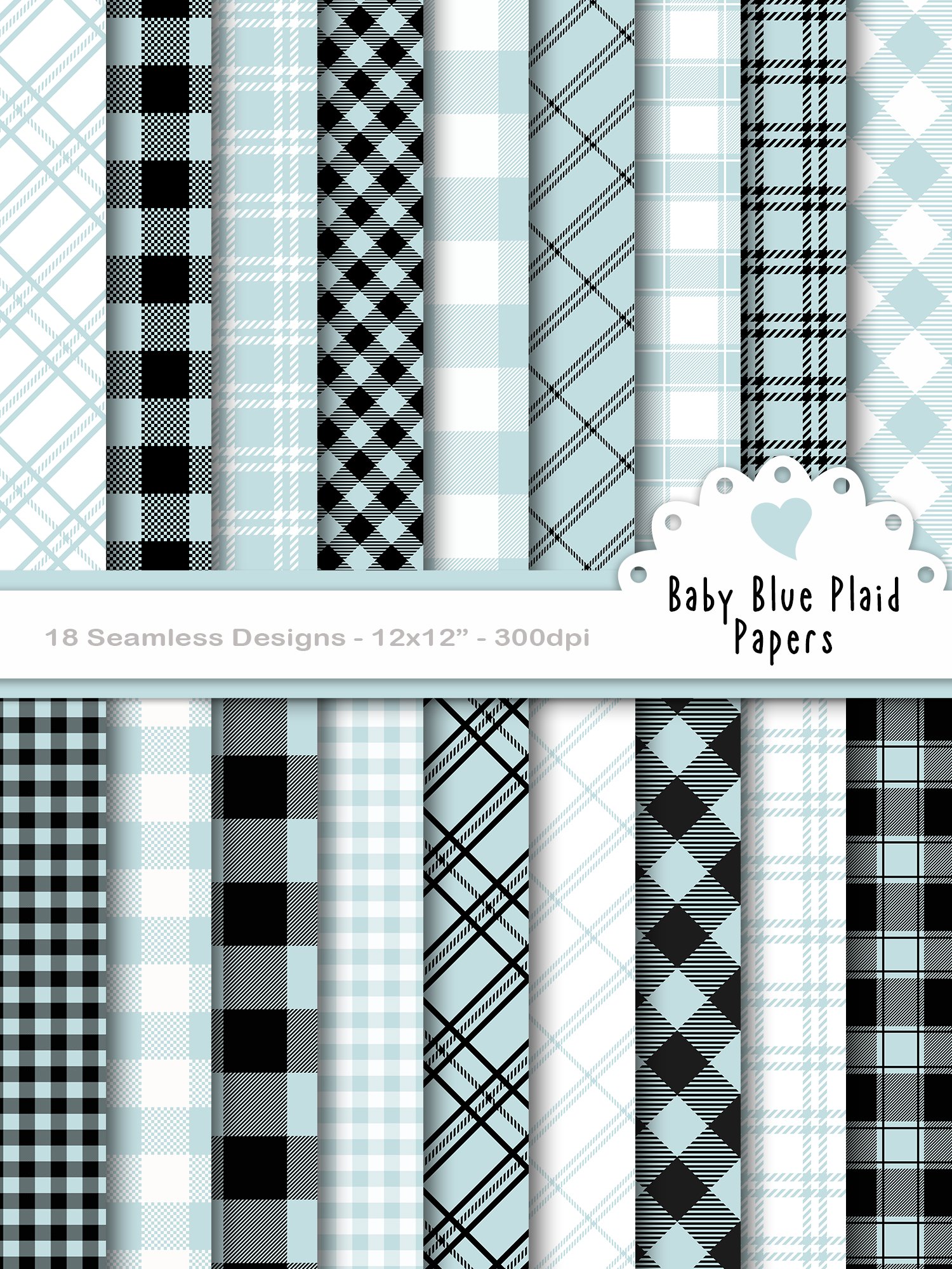 Baby blue buffalo plaid and gingham seamless papers