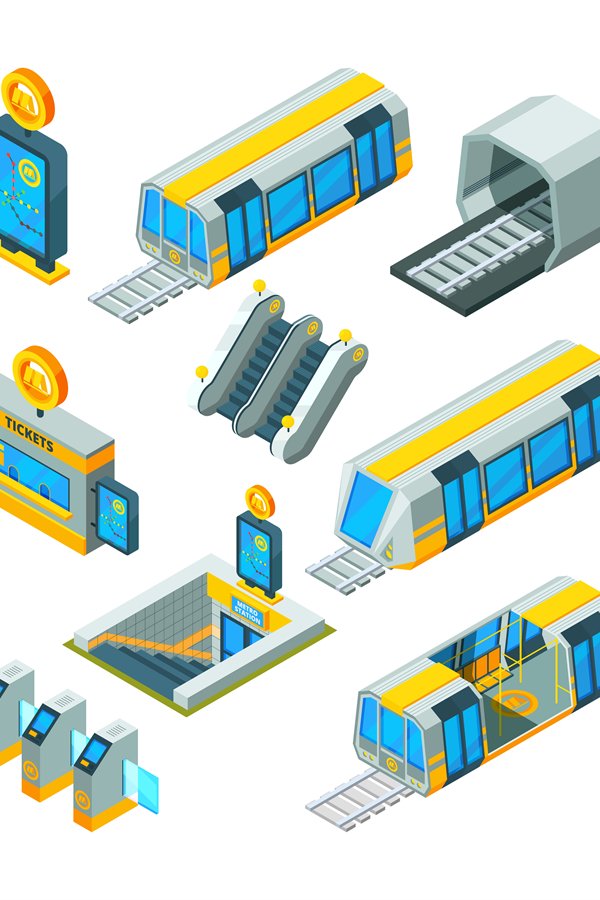 Subway metro elements. Entrance electric gates and signs tra