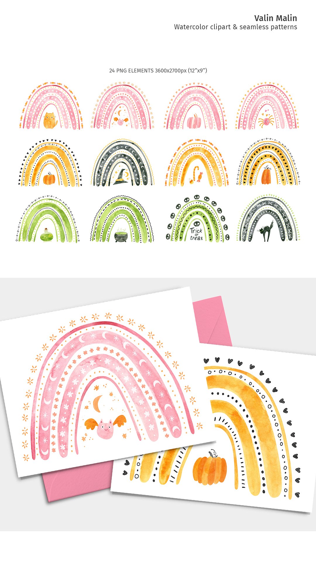 Cute Halloween png Rainbows, Watercolor clipart
