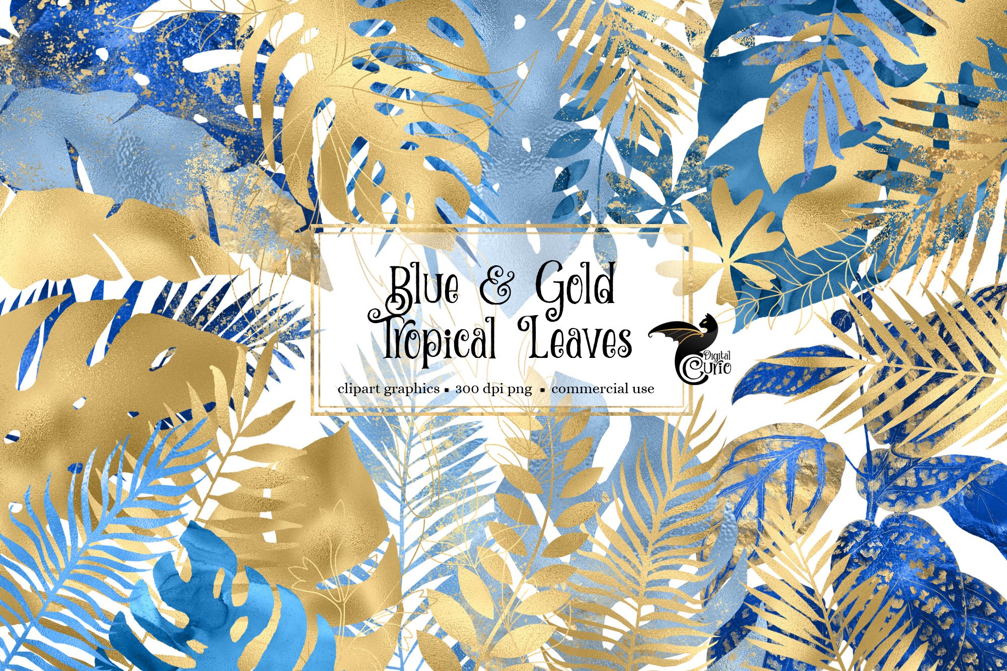 Blue and Gold Tropical Leaves Clipart