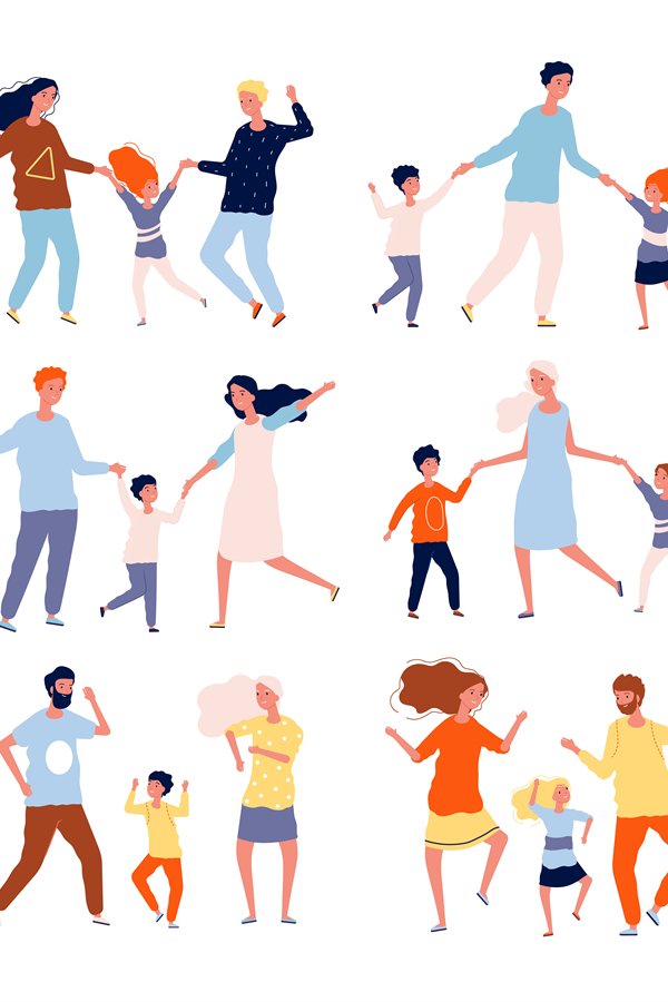 Dancing family. Kids playing and dancing with parents mother