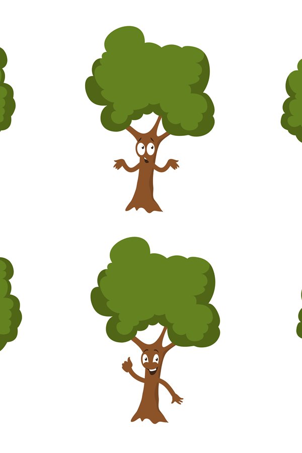 Cartoon funny green tree vector characters isolated