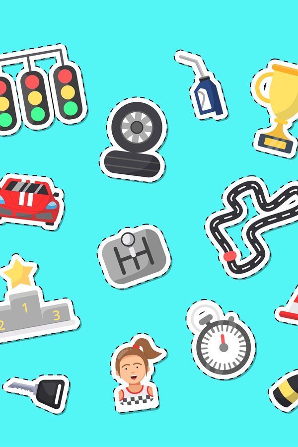 Vector flat car racing icons stickers set illustration