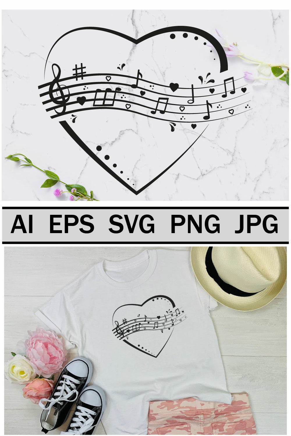 Heart template with notes in svg format, cutting (2126011)