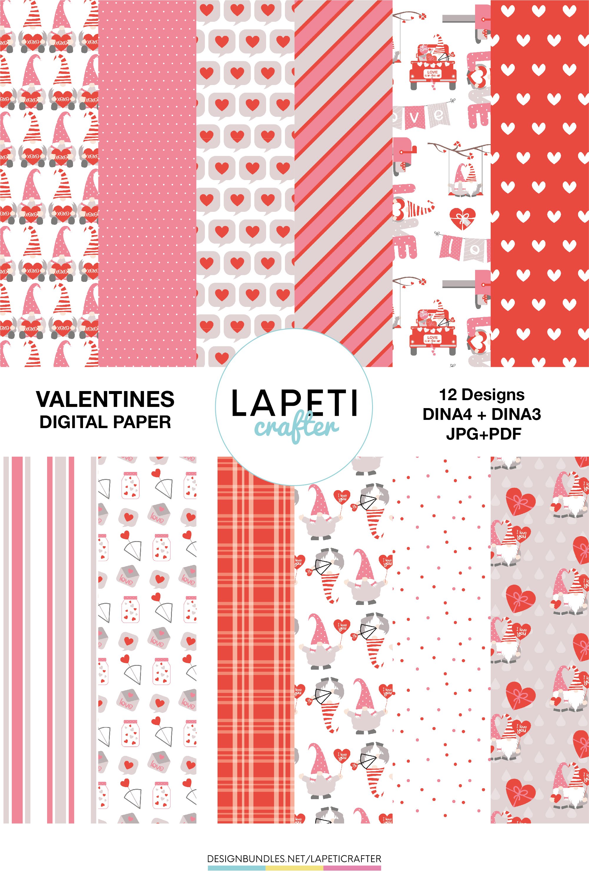 Valentines Gnomes digital paper pack| DinA4 & DinA3 size