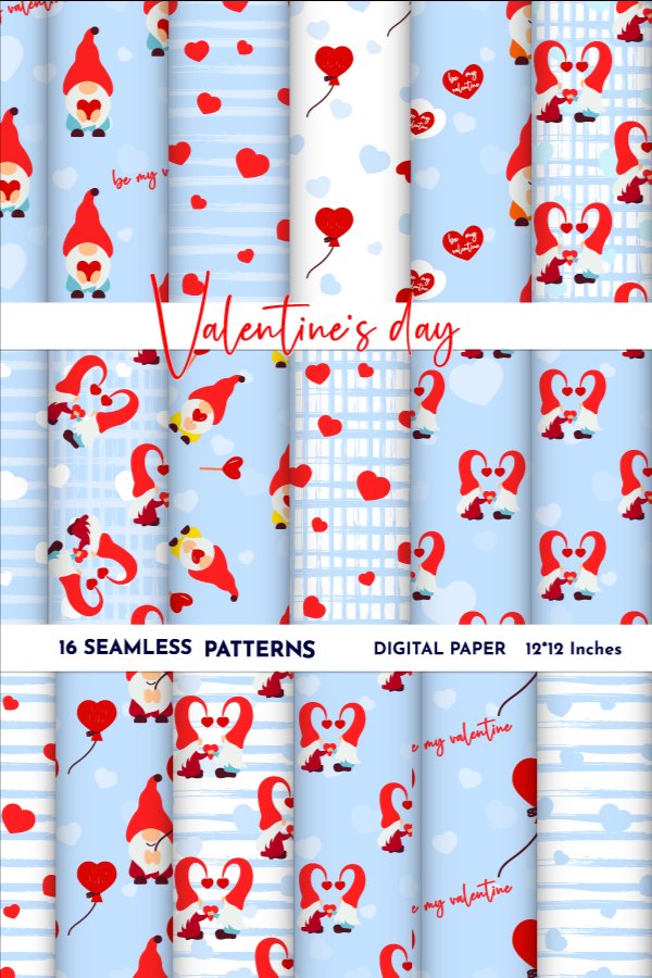 Valentines day digital paper. Valentines Gnome patterns. PNG