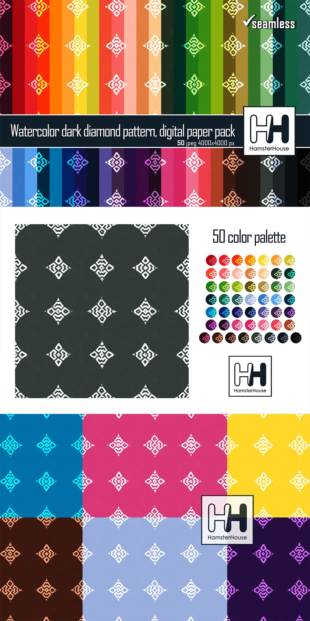 Watercolor dark diamond pattern, digital paper pack
