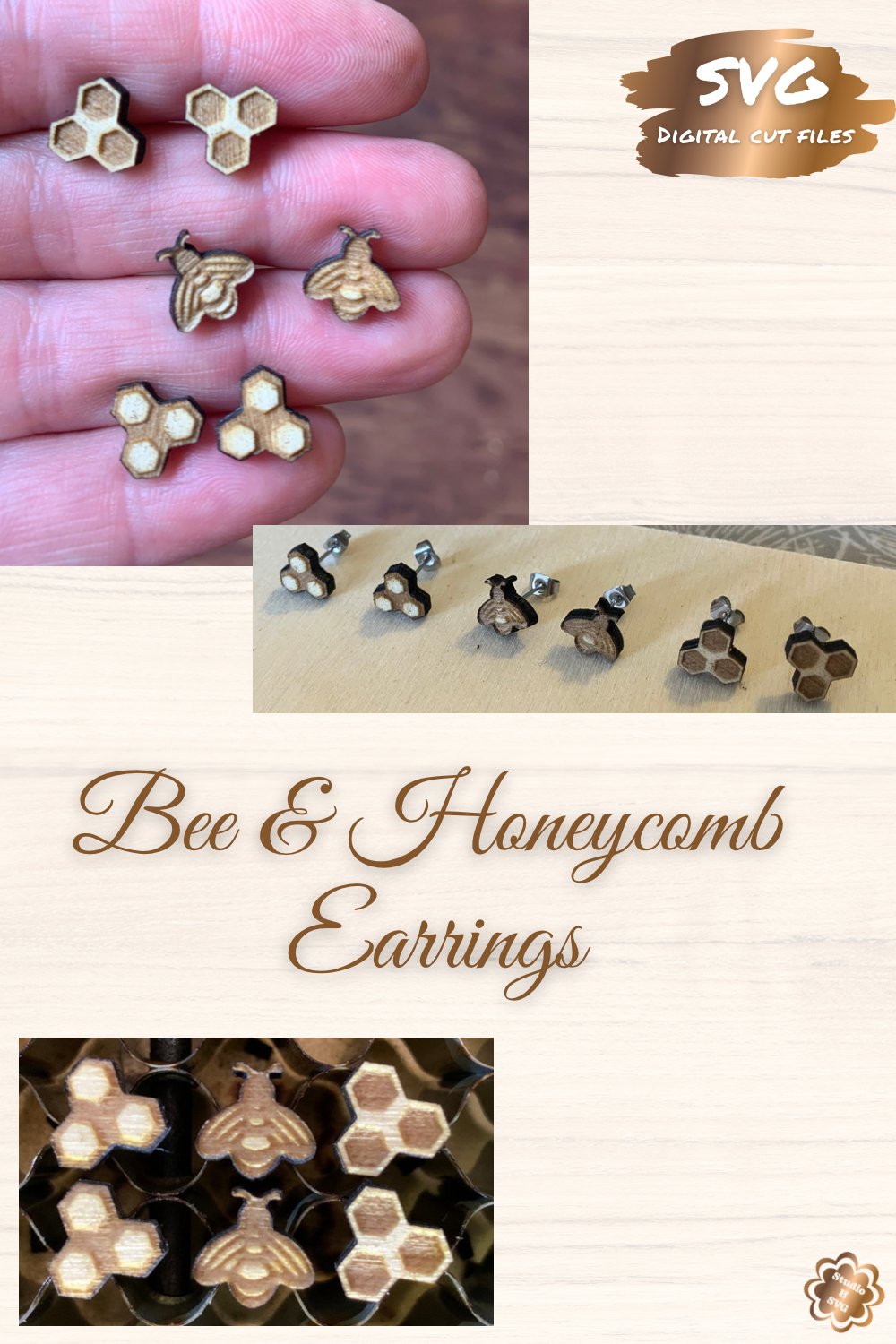 Bee and Honeycomb earring Laser Cut Files - Laser ready SVG