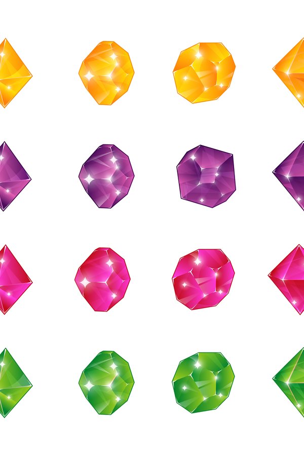 Cartoon multicolor gems. Gem yellow green blue pink stones.