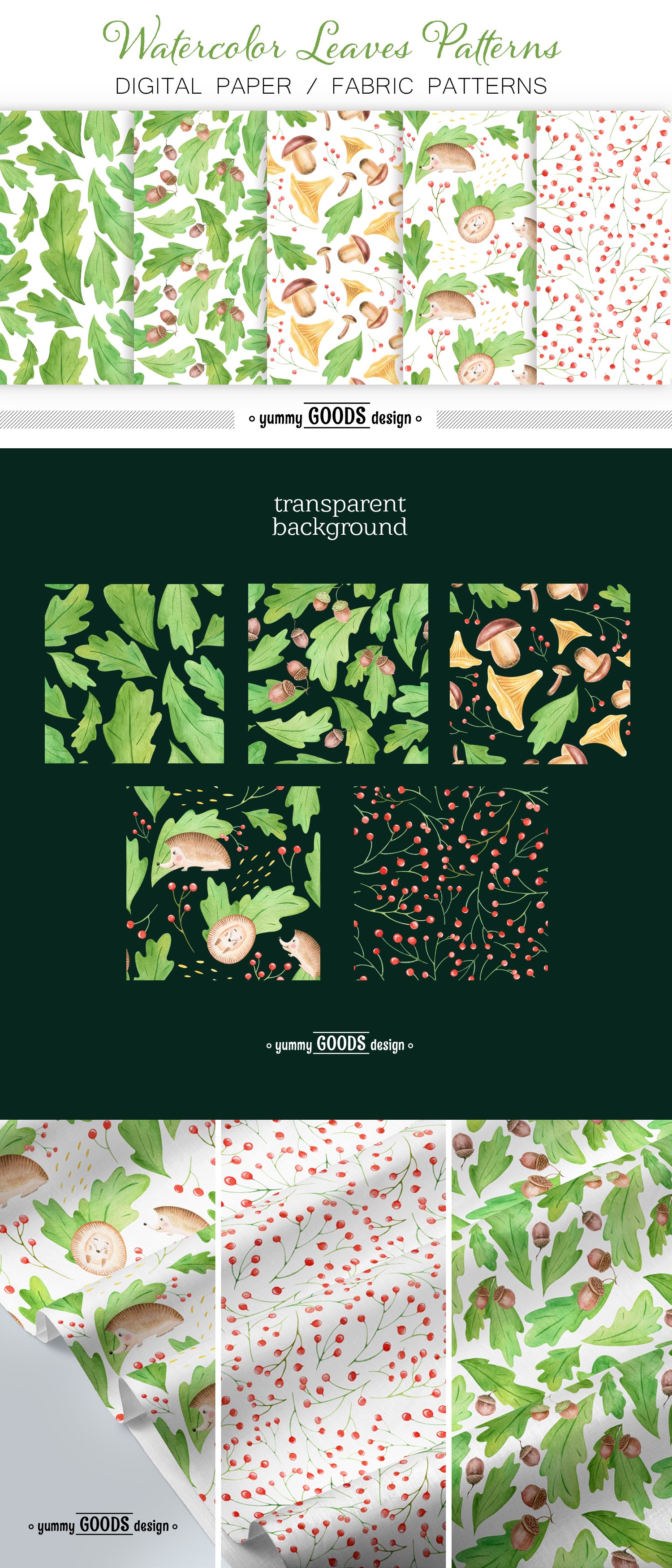 Leaves Digital Paper. Seamless patterns. Oak-leaf patterns.