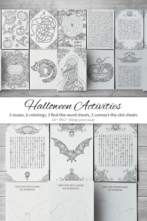 15 zentangle Halloween activity pages, mazes and colorings