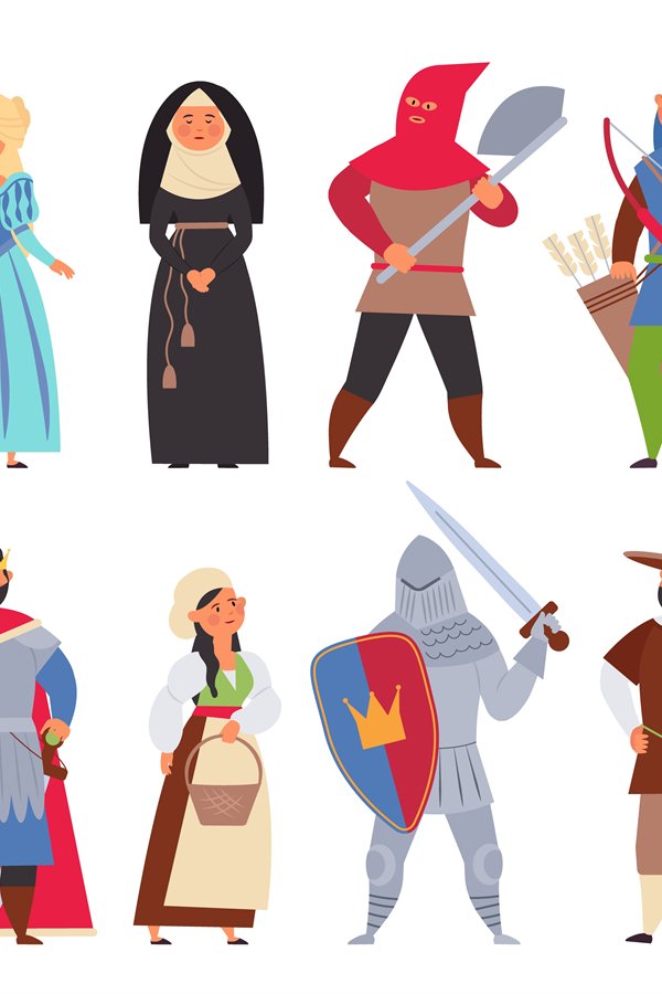 Medieval characters. Flat knight, man king and princess. Cut