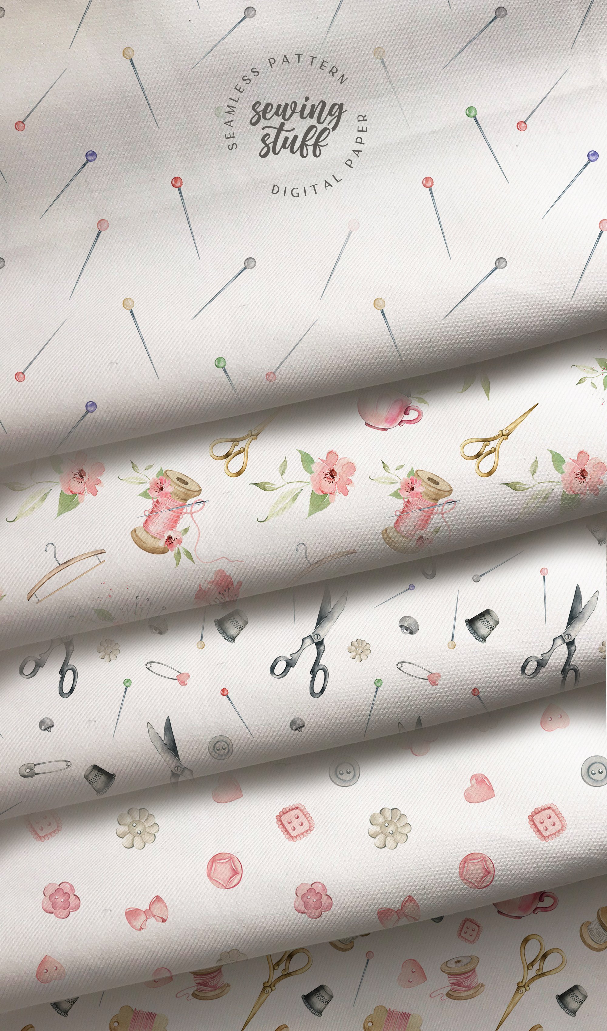 Digital paper and seamless patterns with sewing supplies.