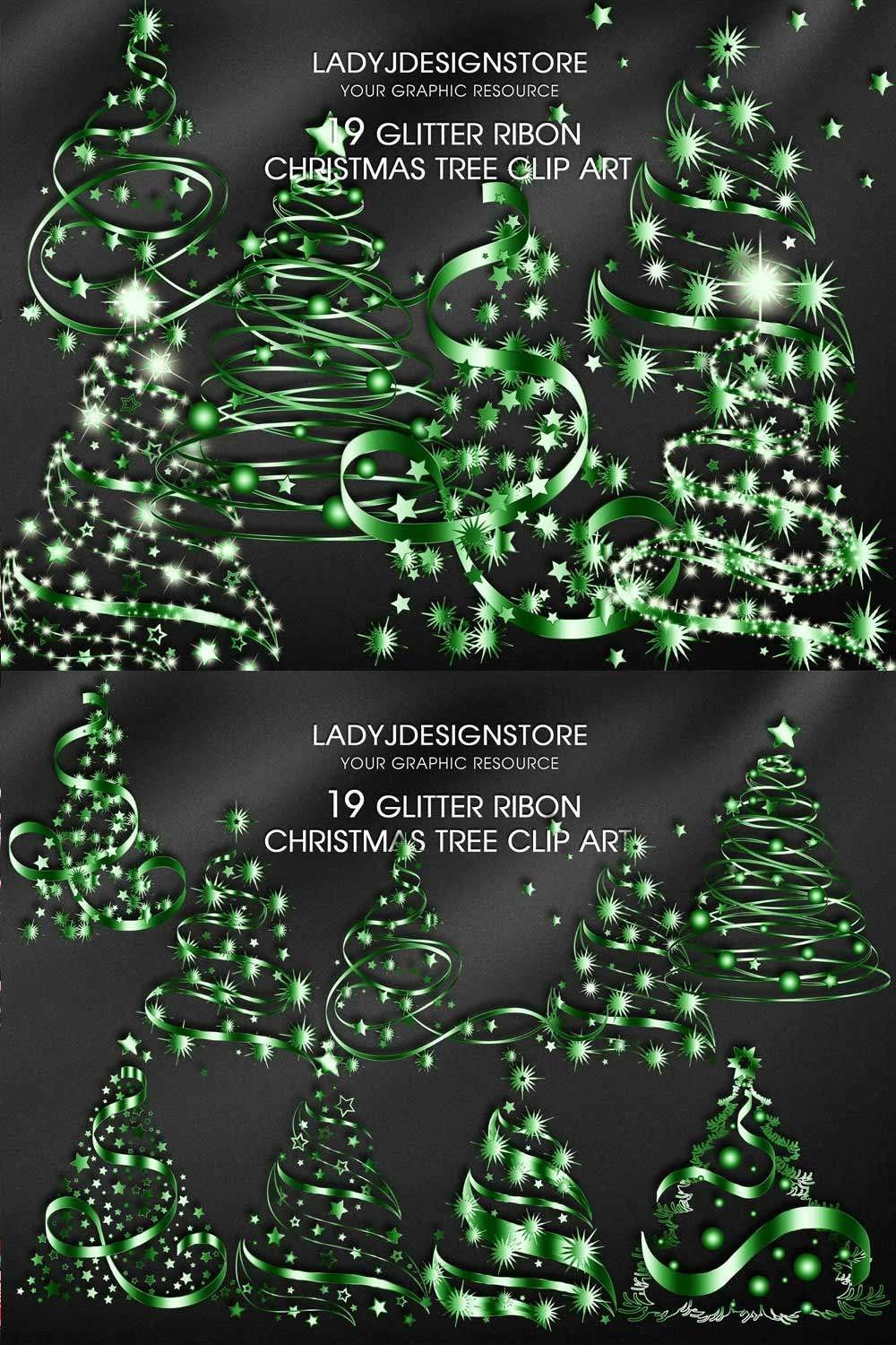 Green Ribbon Sparkle Christmas Tree Clip Art in PNG format