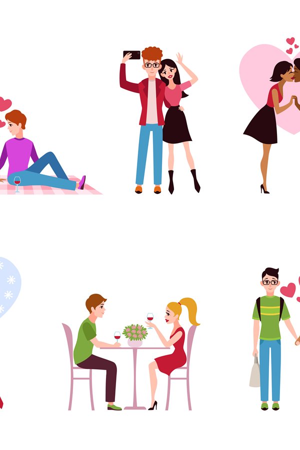 Couple in love set. Loving situations happy romantic couples