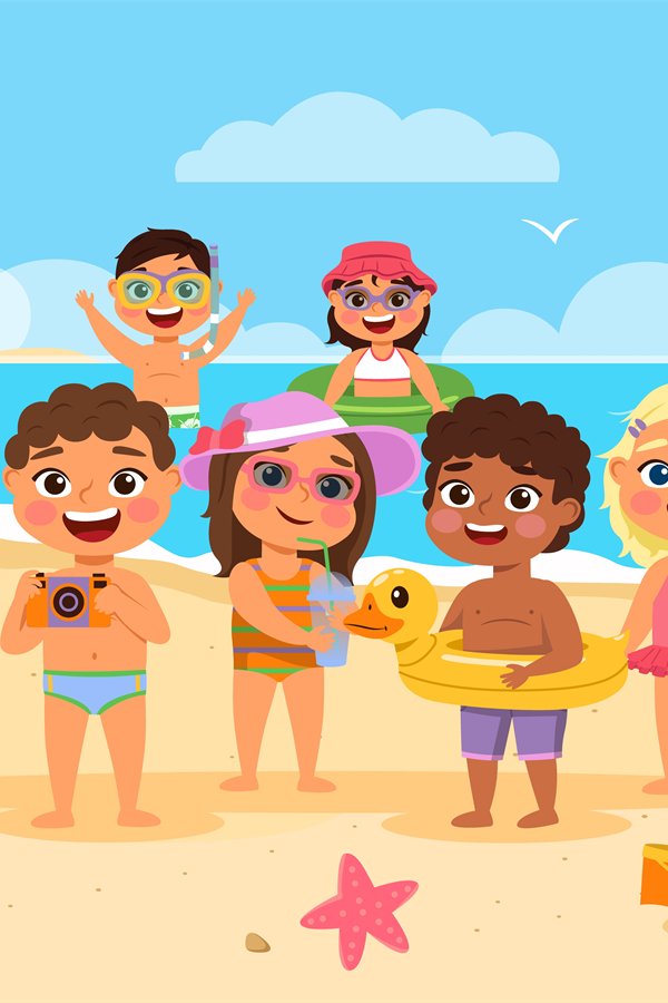 Beach kids. Happy children summer holidays, cute boys and gi