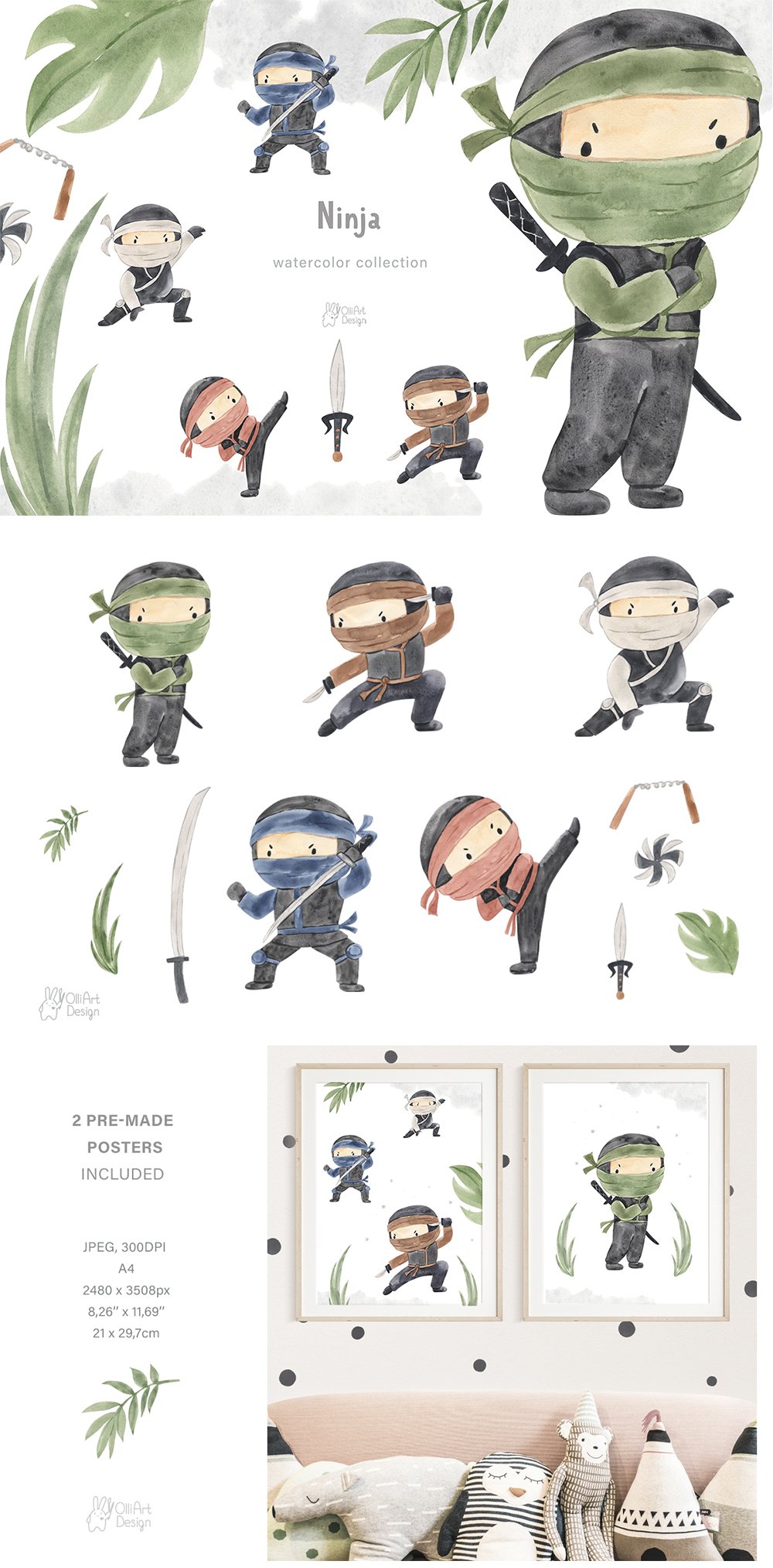 NINJA. Watercolor clipart