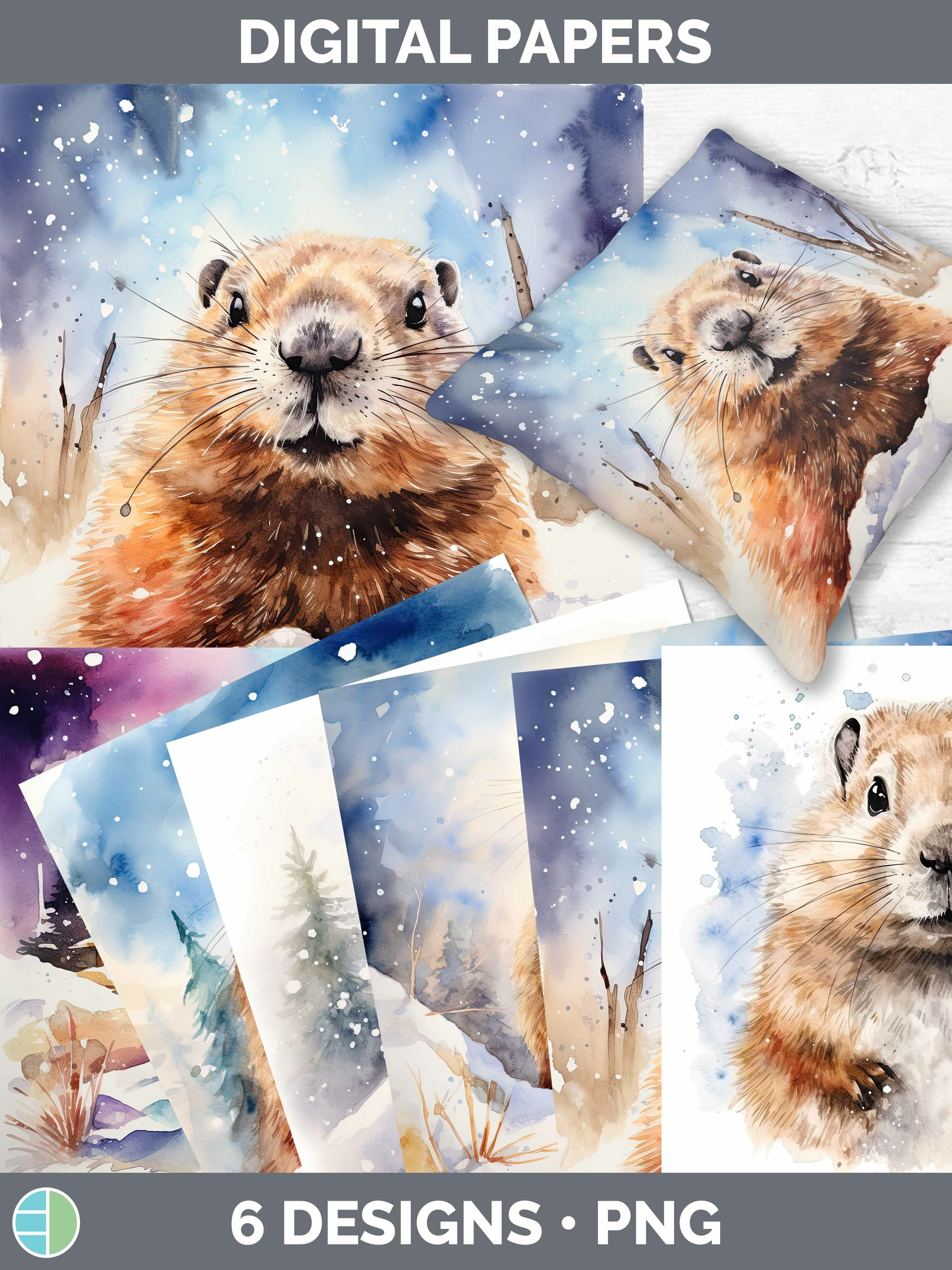 Watercolor Groundhog Paper Backgrounds | Bundle Digital Scra