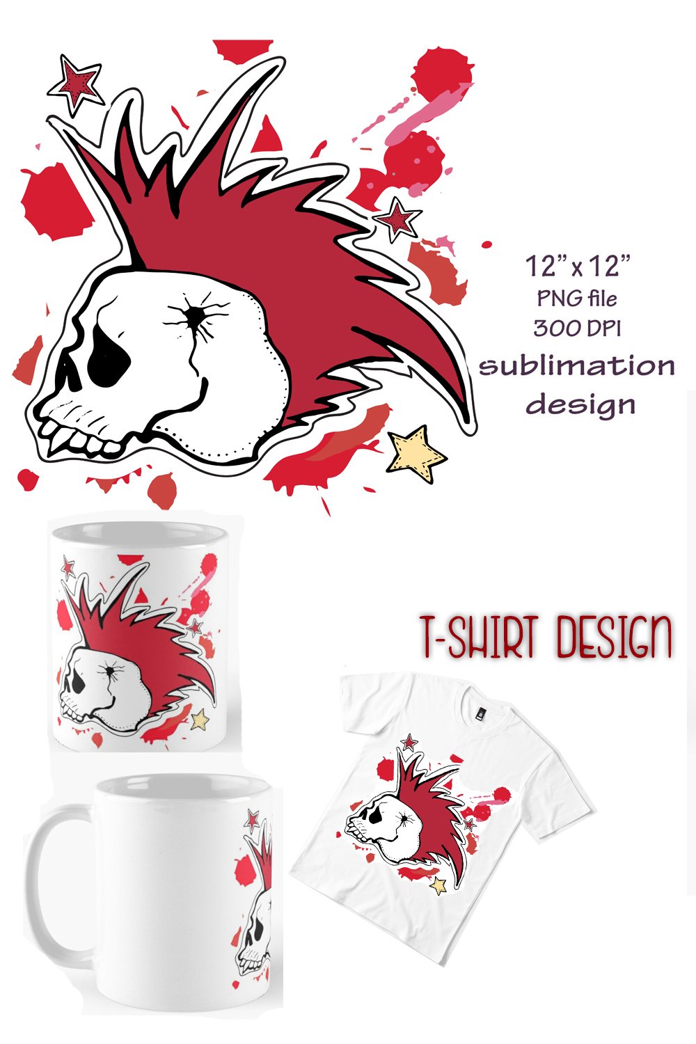 Punk skull PNG sublimation T-shirt design, mohawk hairstyle