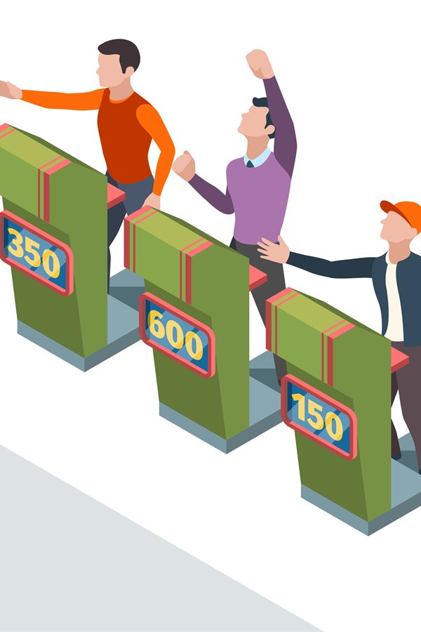 Tv quiz participant. People pushing buttons and answer quest