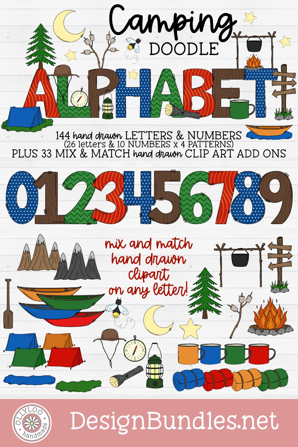 Camping Alphabet & Numbers Bundle with Hand Drawn Clipart