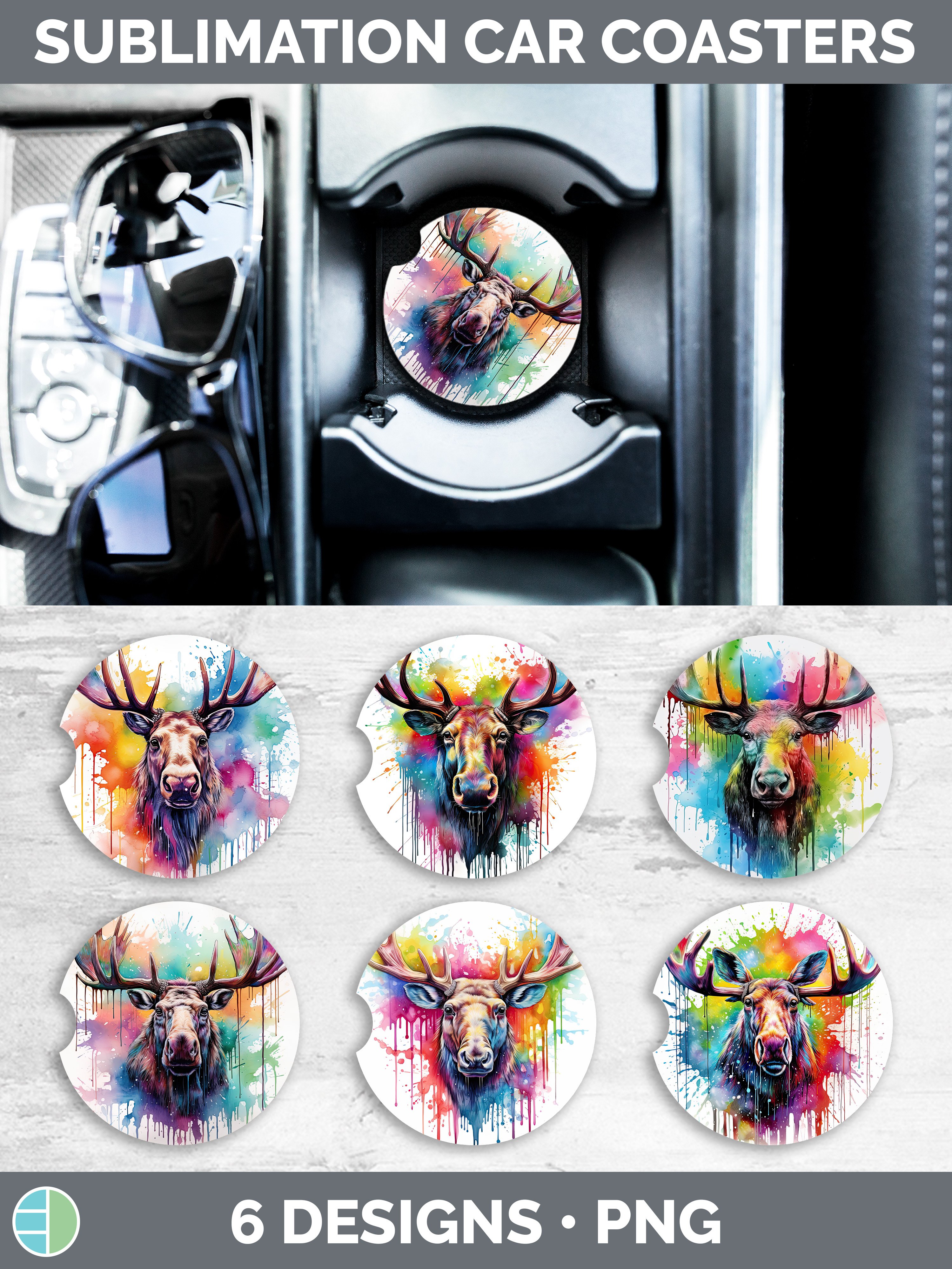 Splat Rainbow Moose Car Coaster | Sublimation Coaster Design