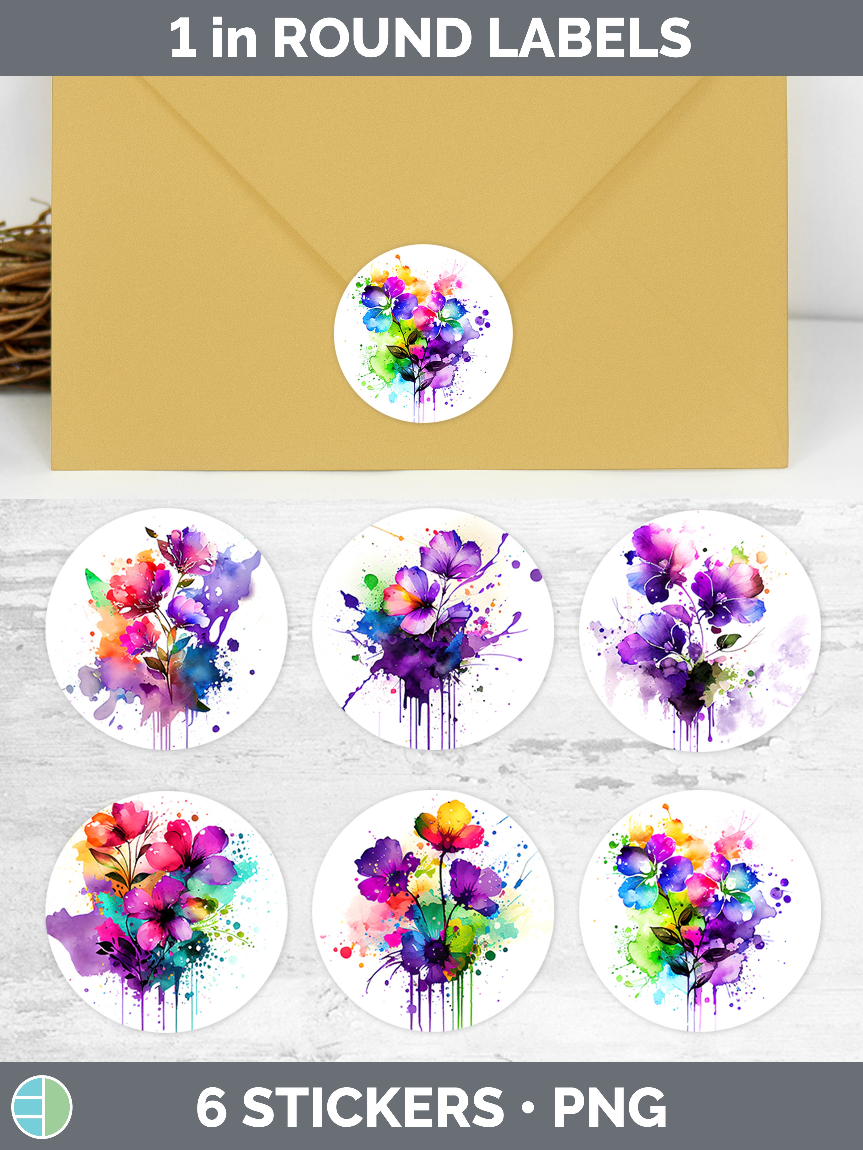 Rainbow Violet Flowers Stickers | Round Labels Designs Bundl