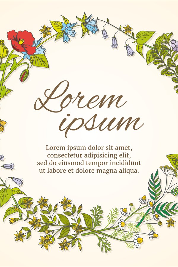 Floral frame with hand drawn wild flowers template for weddi