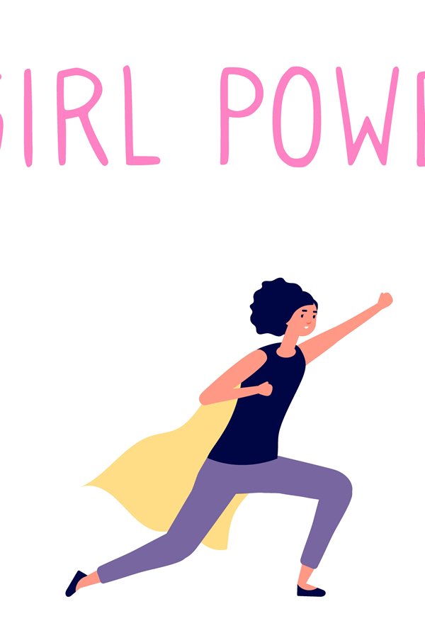 Woman super power. Cartoon girl, women with hero cloak. Flyi