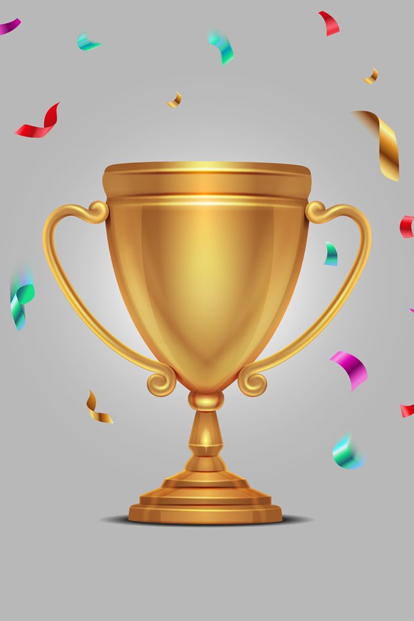 Realistic championship gold cup with falling confetti pieces