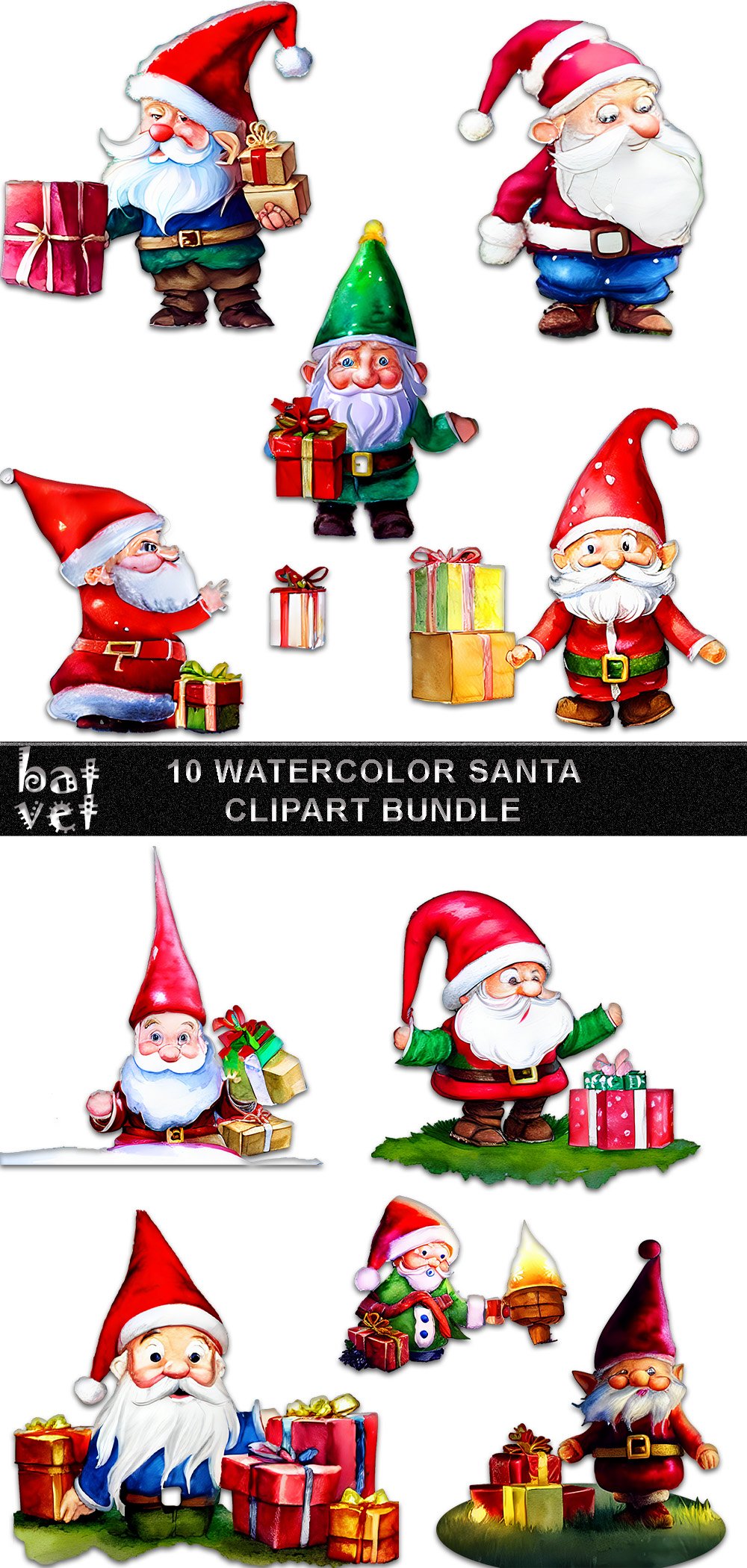 Vintage Santa Gnome Clip Art Bundle | Watercolor Santa PNG