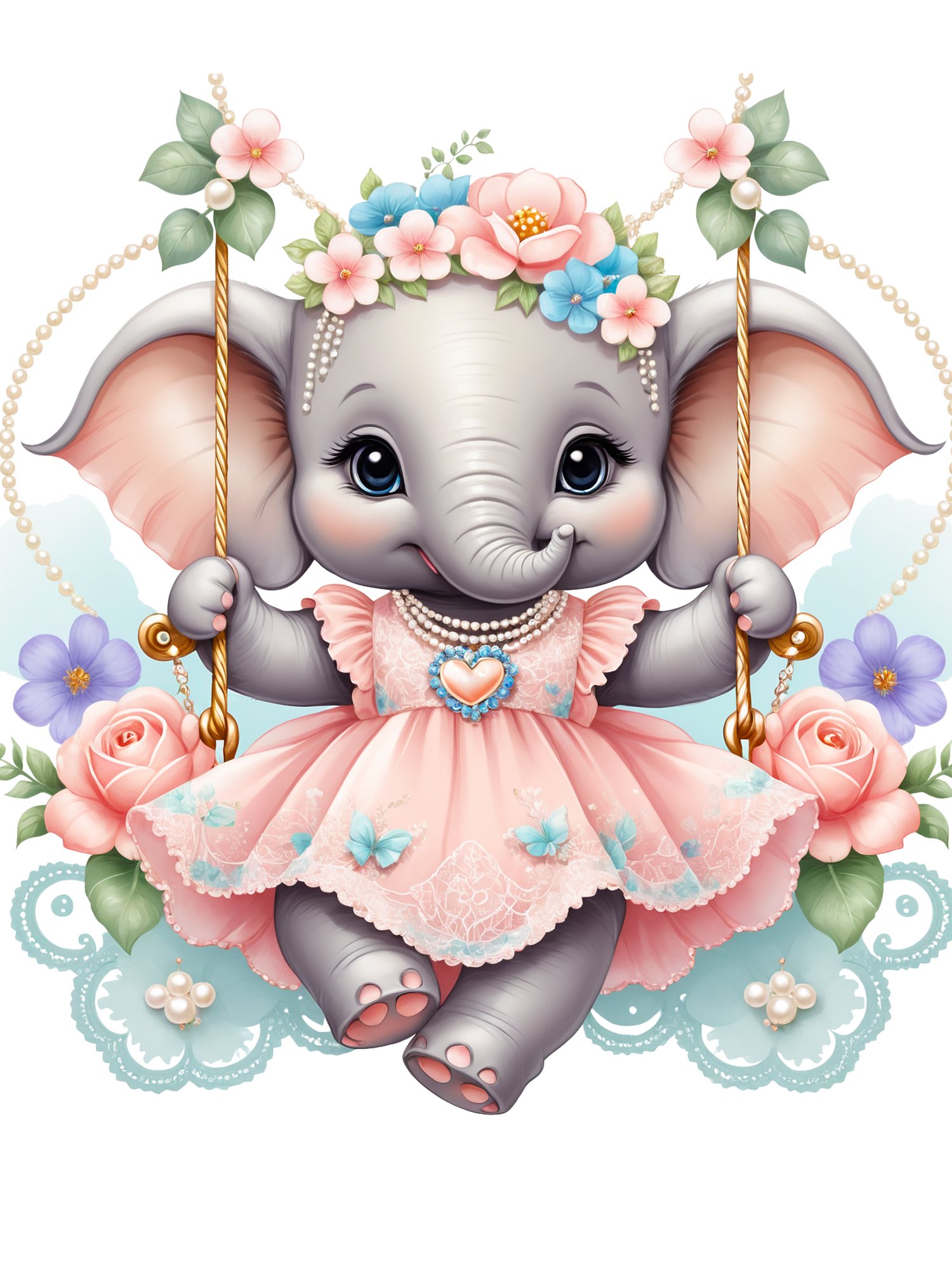 Watercolor Drawing Cute Baby Elephant on swing, Clipart, Png