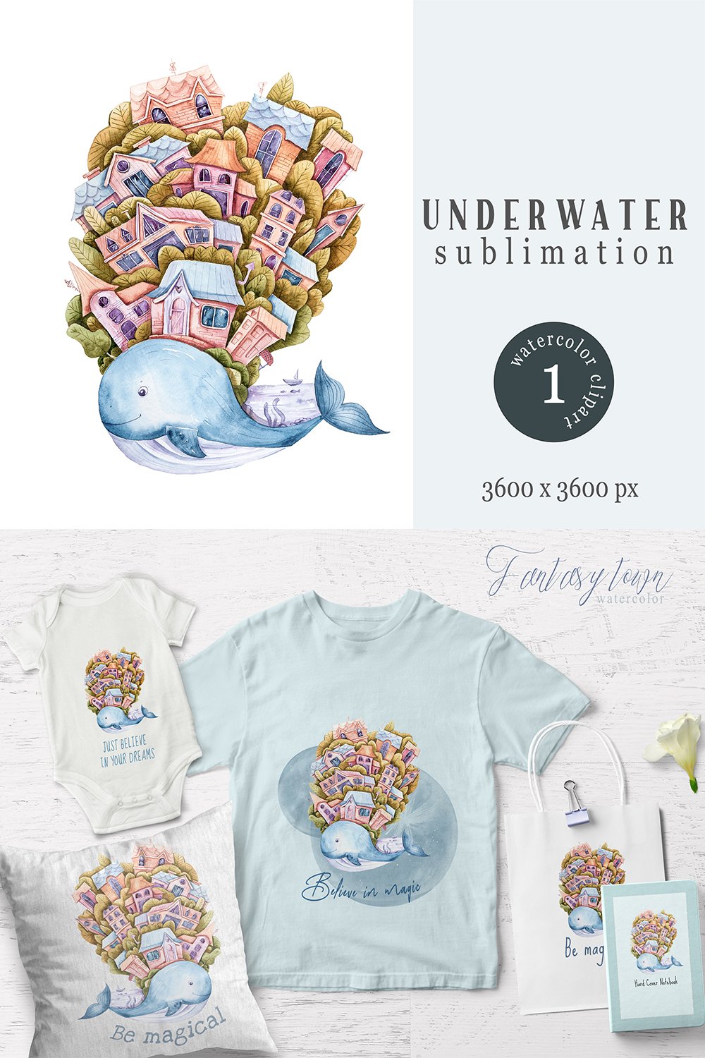Cute whale sublimation - watercolor clipart -1 png file