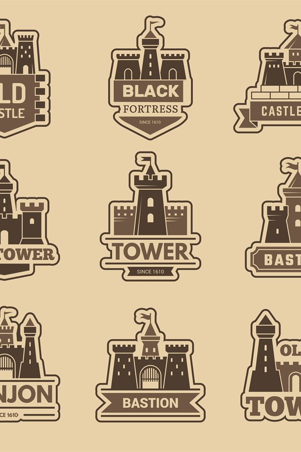 Castle logo. Medieval architectural castles with towers fort