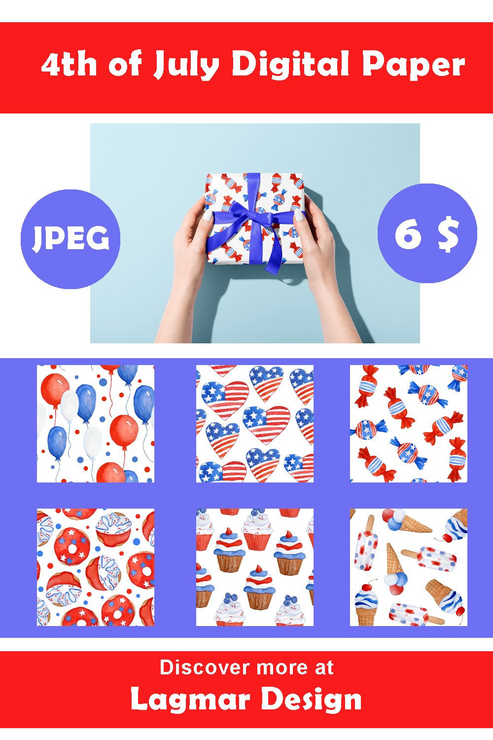 4th of July digital paper Independence day seamless pattern