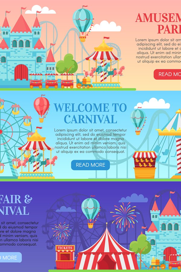 Amusement park banner. Amusing festival attractions, kids ca