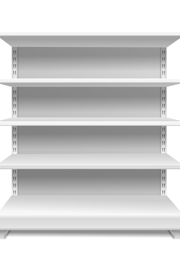 White supermarket shelves. Retail rack shop shelving blank s