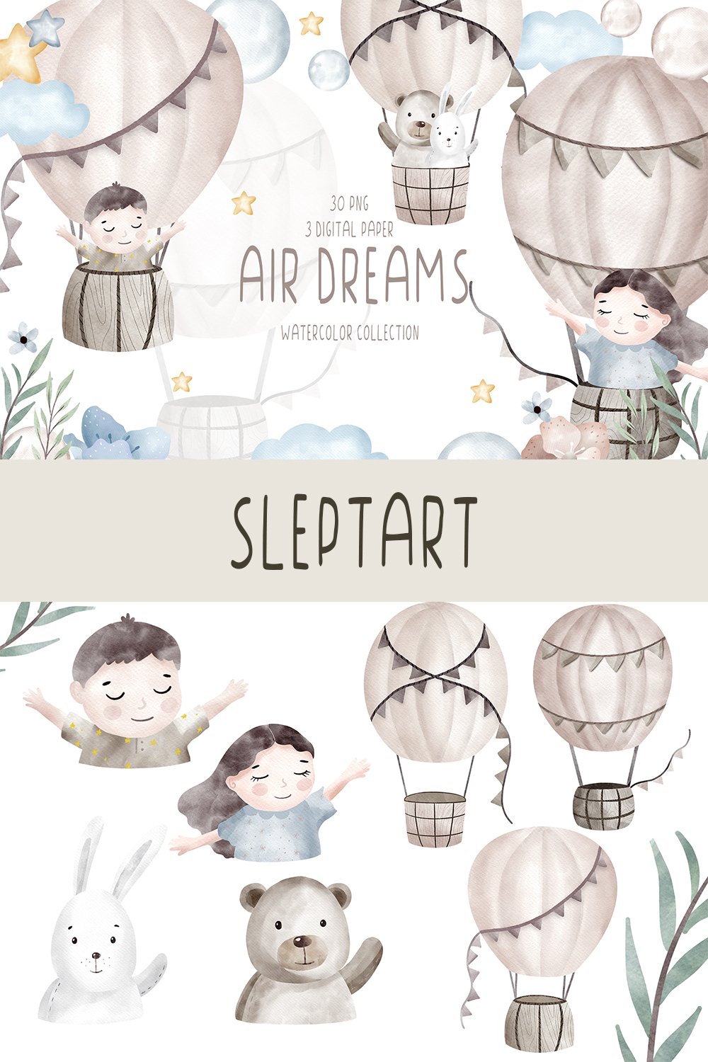 Watercolor hot air balloon clipart and digital paper PNG