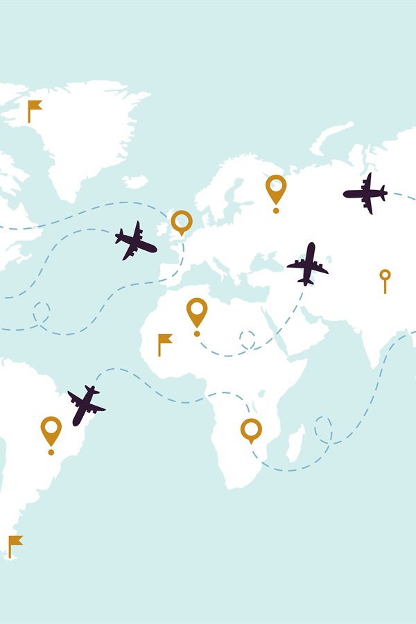 World map plane tracks. Aviation track path on world map, ai