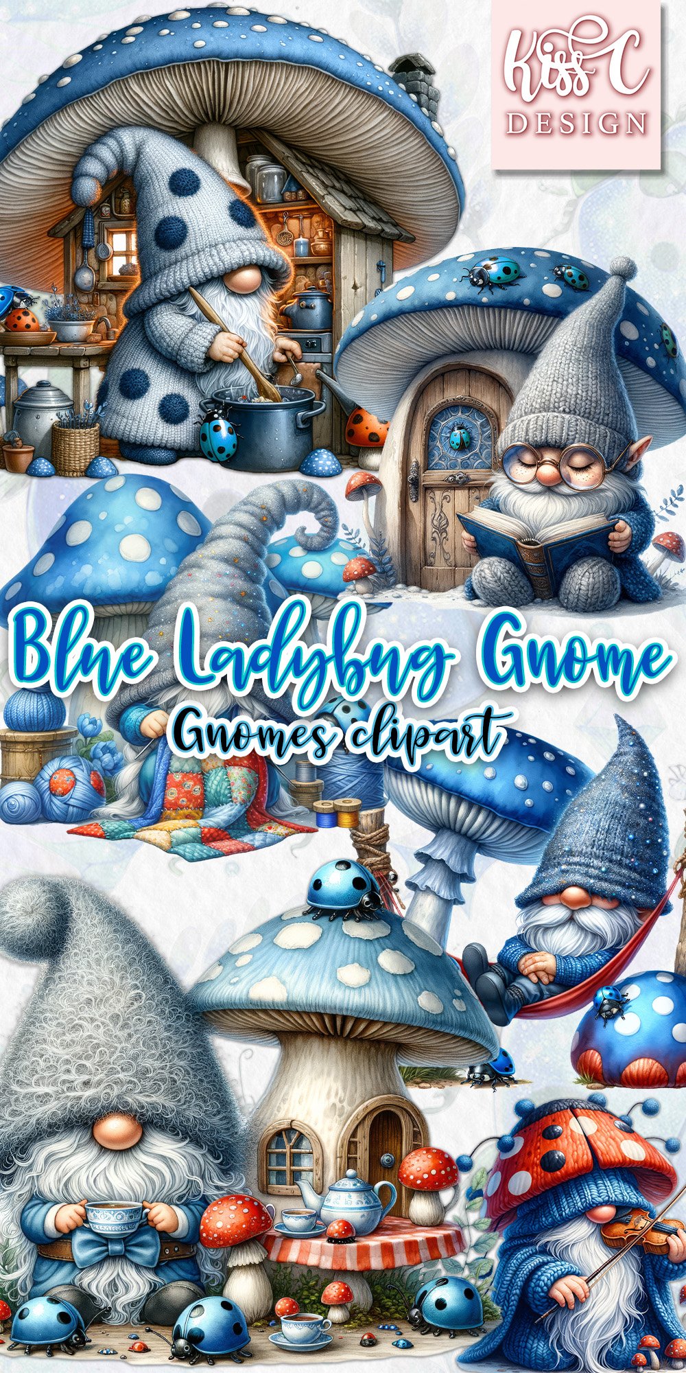 Watercolor Blue ladybug Gnomes Clipart. Gnome Spring Season.