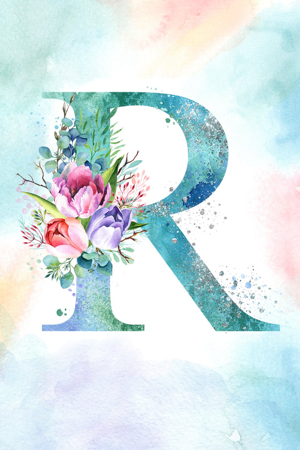 Spring Watercolor Letter. Monogram R. Sublimation Design.