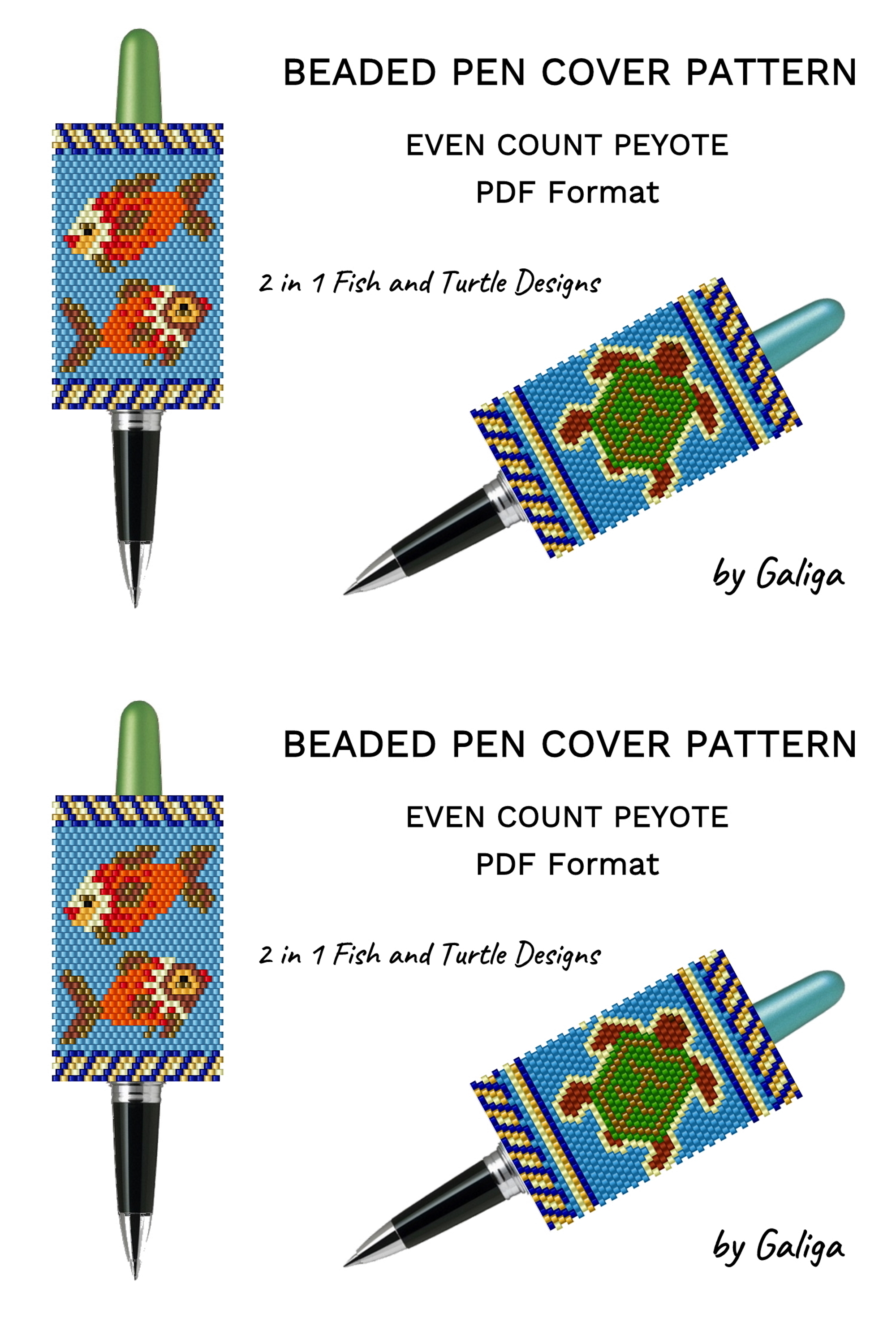 Beaded Pen Wrap Pattern, Cute Fish and Turtle Design