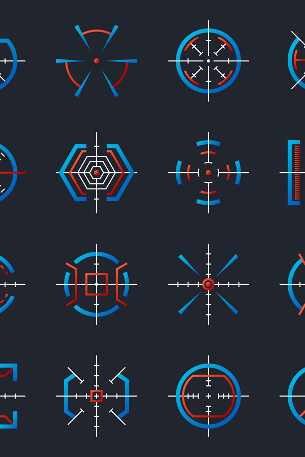 Futuristic optical military aims. Gun targets, focus range i
