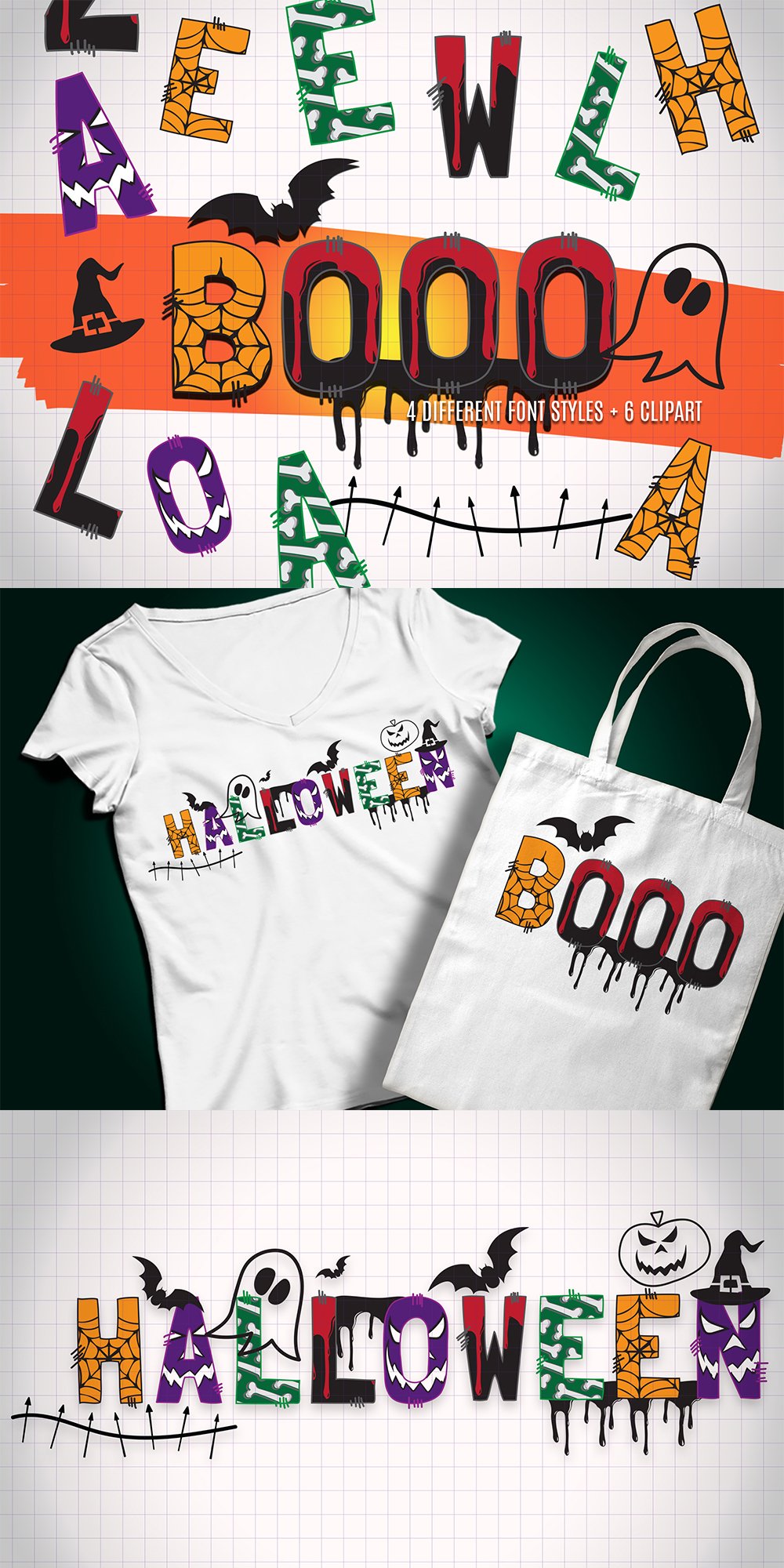 Halloween Doodle Letters and Clipart PNG Bundle