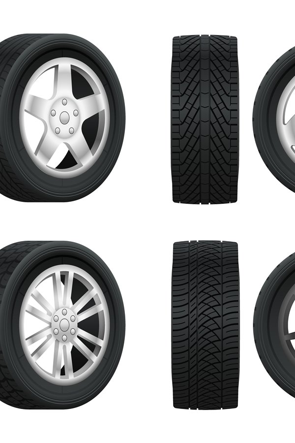 Realistic tires. 3d auto tyres and alloy rims, car wheels wi