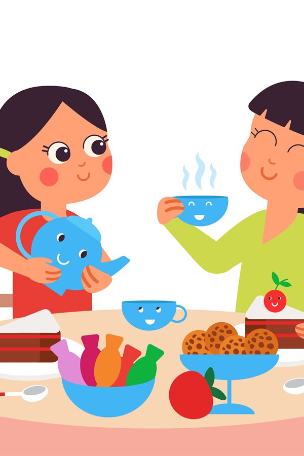 Girls breakfast. Tea time, cartoon friends drink together. L