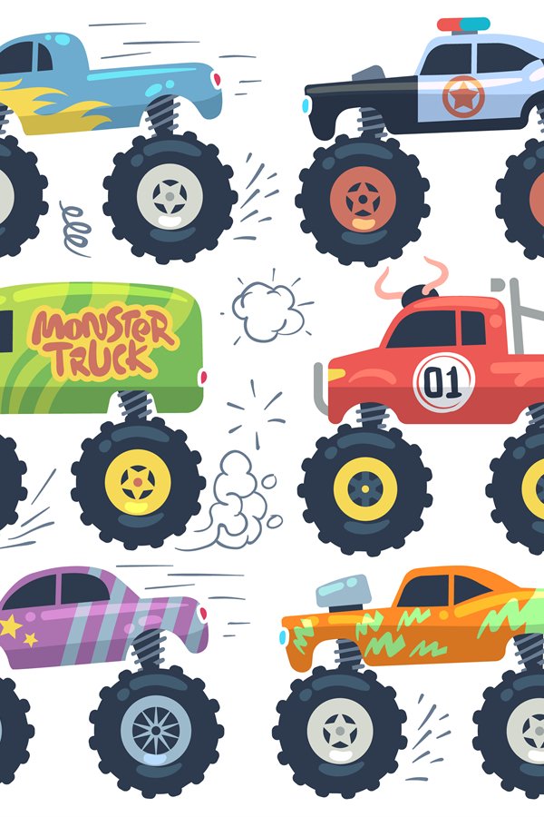 Monster cars. Cartoon cars with big wheels. Isolated vector