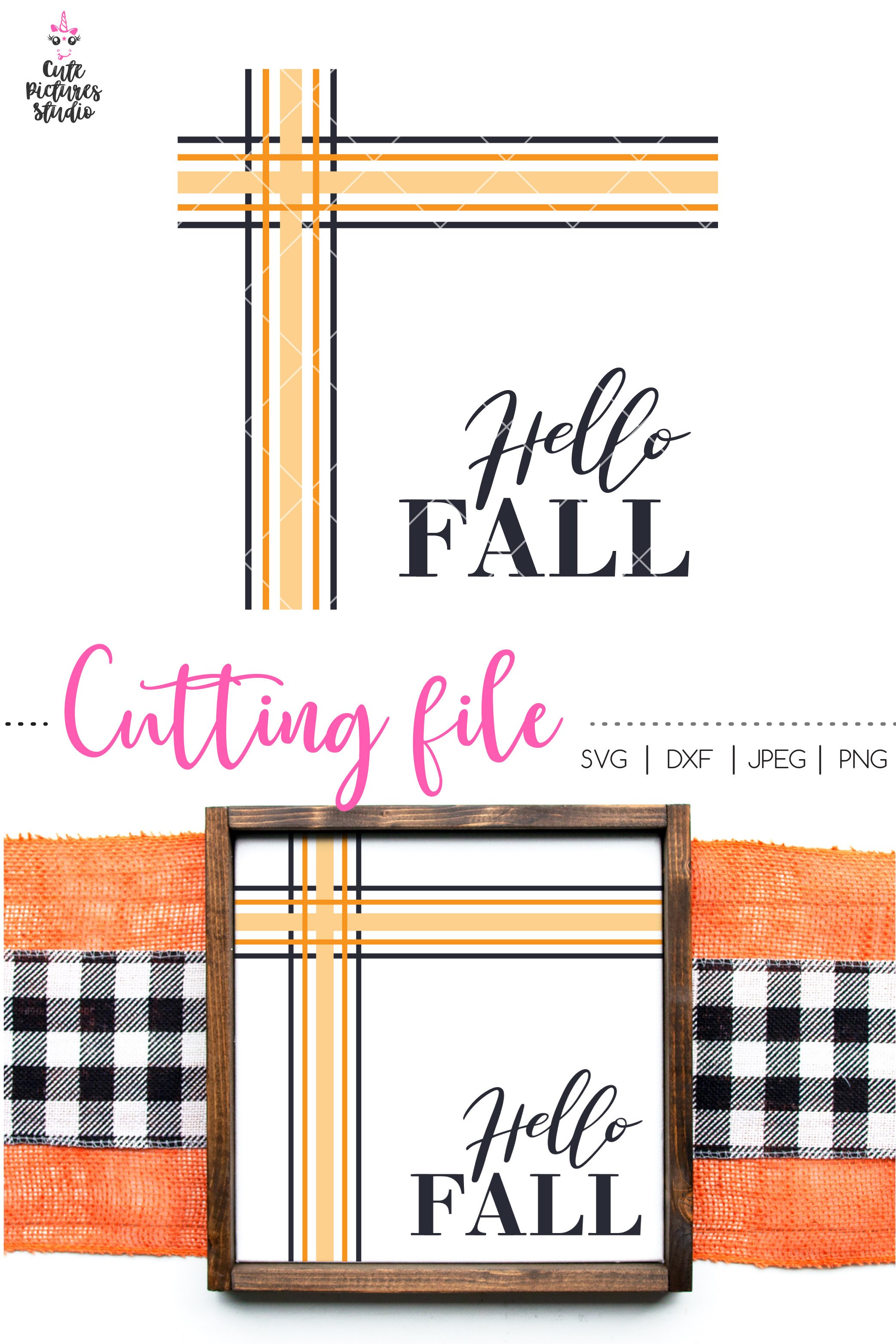 Hello Fall Wooden Plaid Border Plaque SVG