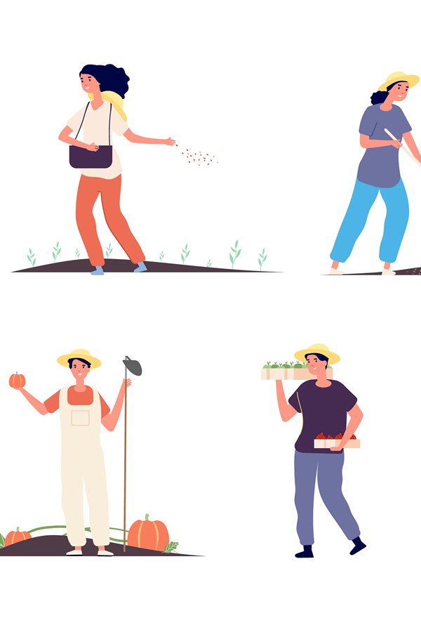 Farmer characters. People agricultural workers with farm ani