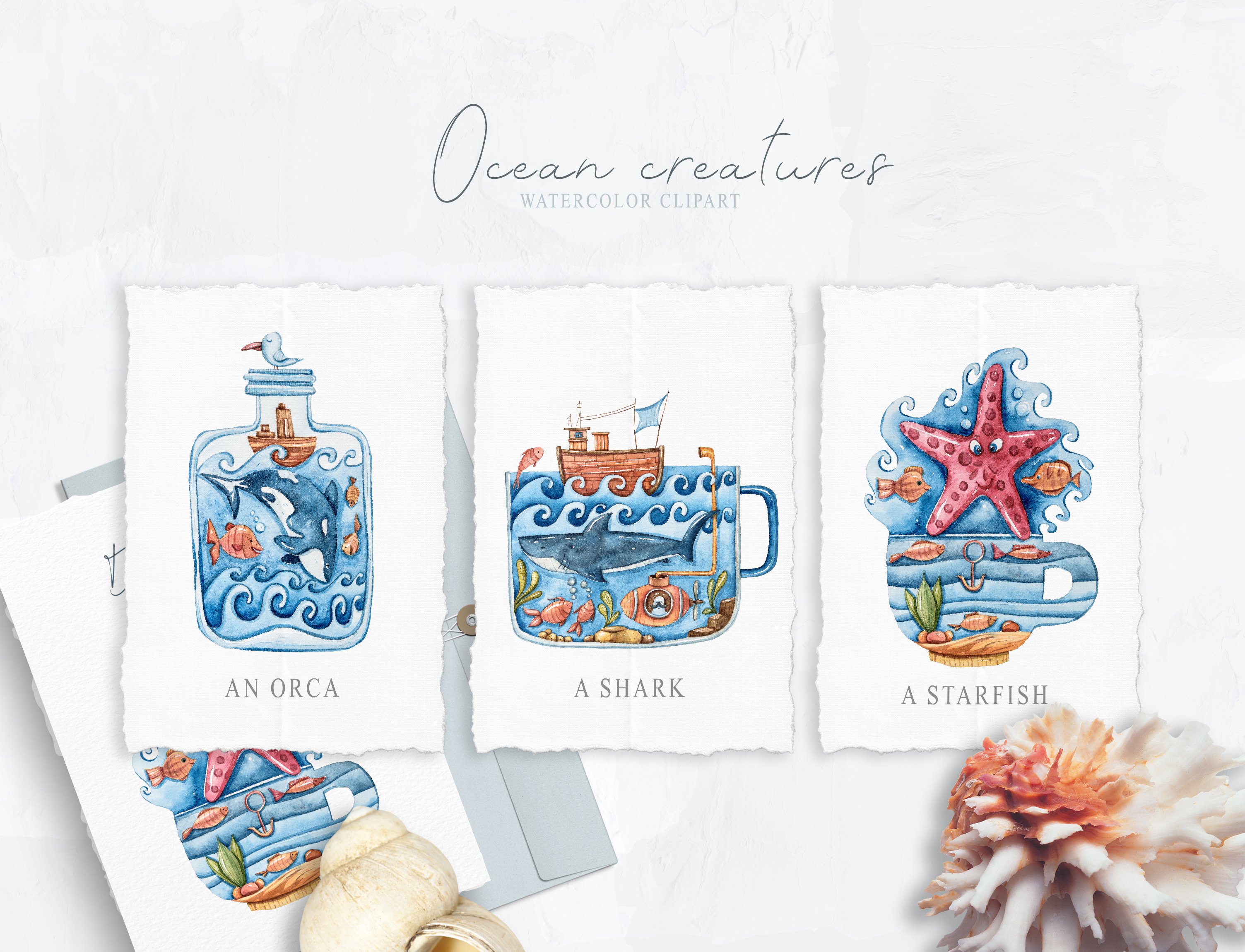 Watercolor underwater clipart. Cute sea animals illustration